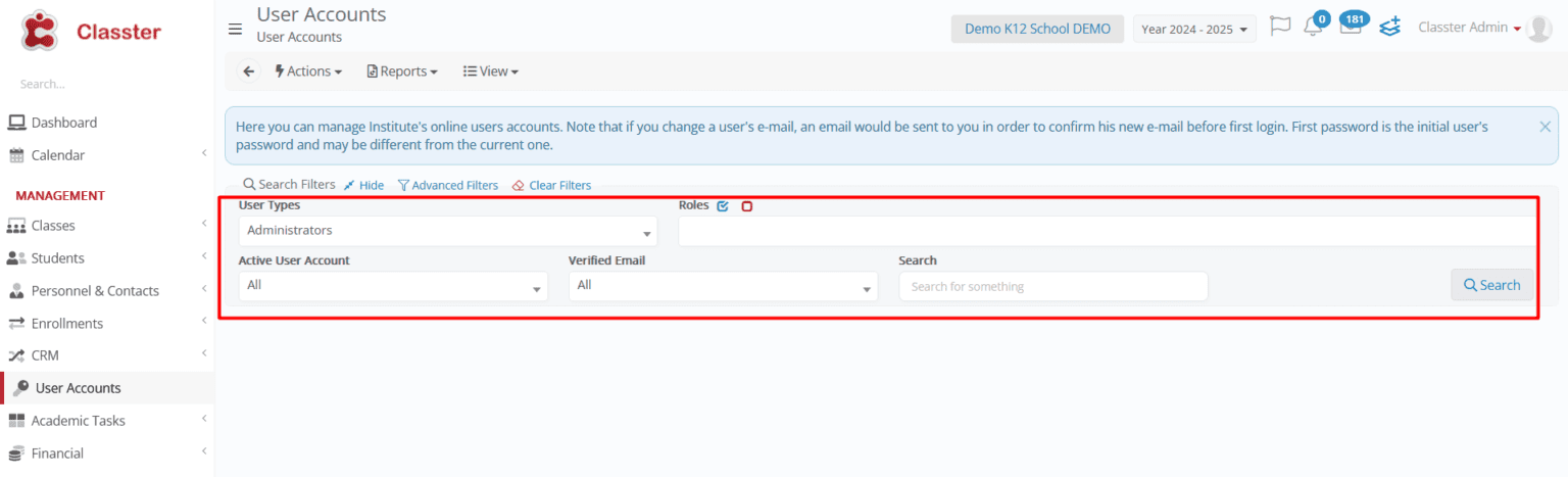 User Accounts Management - Classter Knowledge Base